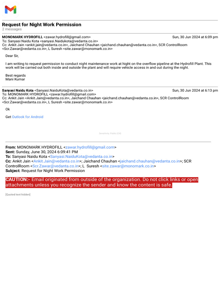 Gmail - Request For Night Work Permission | PDF