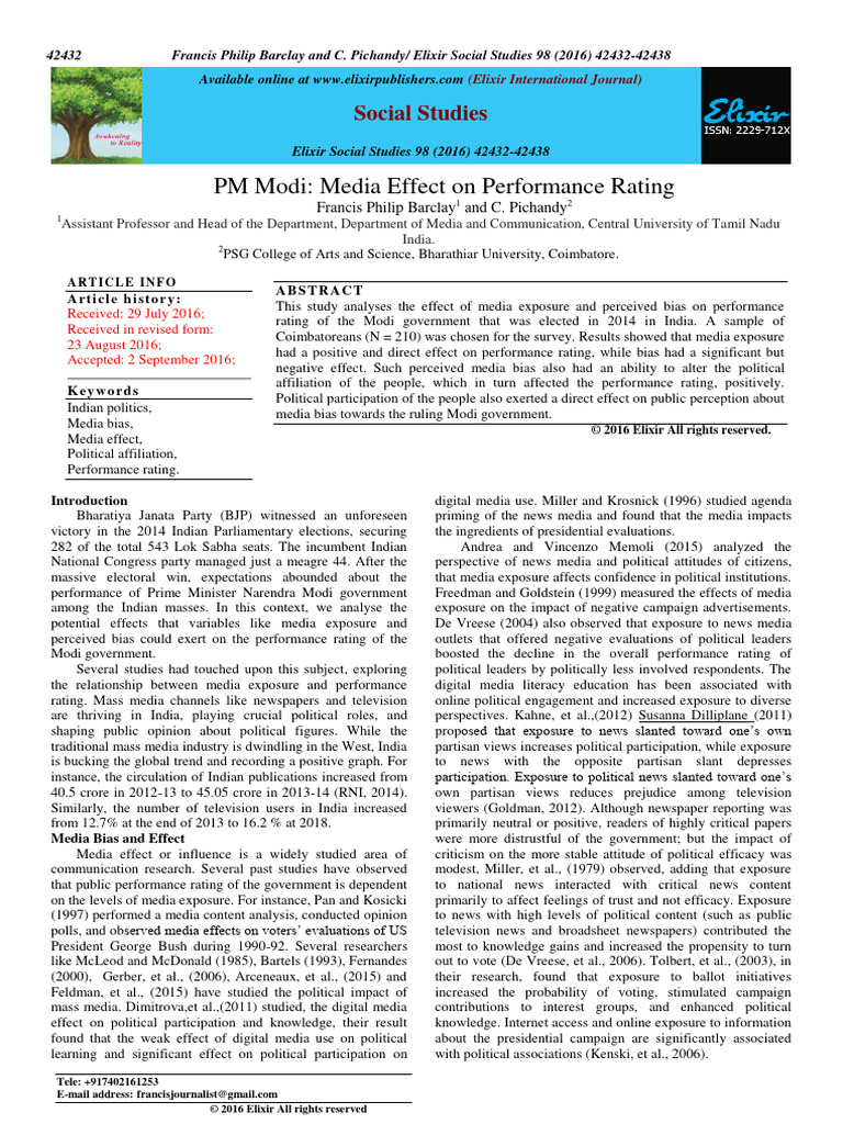 PM Modi: Media Effect On Performance Rating: Social Studies | PDF | Factor Analysis | Media Bias