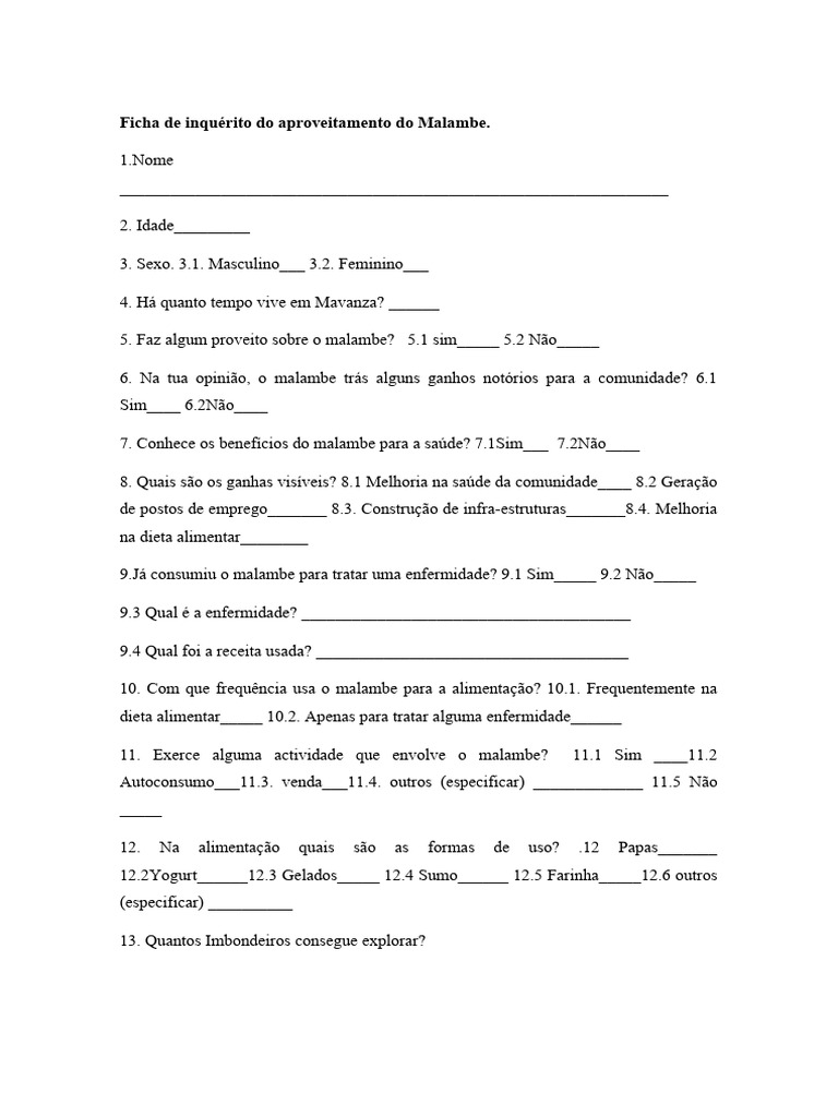 Ficha de Inquérito Malambe V.2 | PDF | Economias
