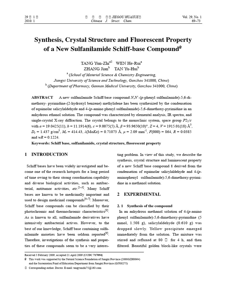 Synthesis, Crystal Structure and Fluorescent Property of A New Sulfanilamide Schiff-Base ...