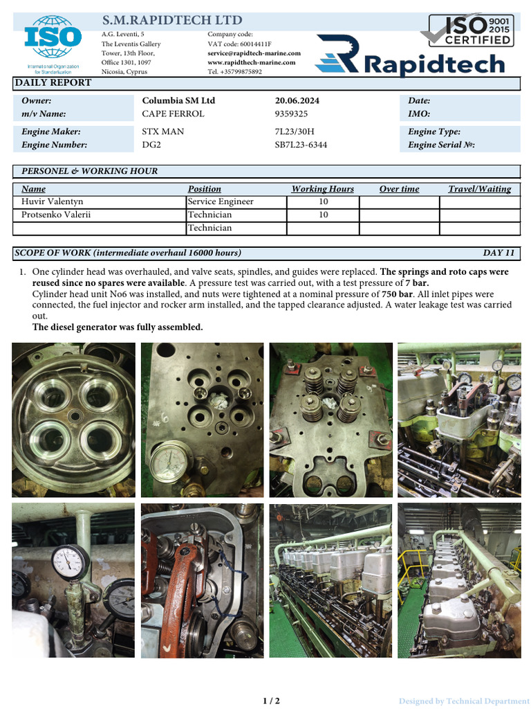 MV Cape Ferrol DG2 Overhaul Daily Work Report 20.06.2024 | PDF ...