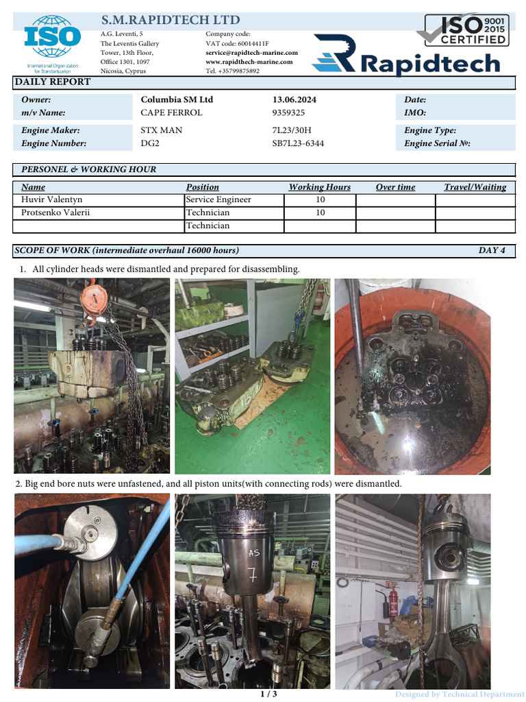 MV Cape Ferrol DG2 Overhaul Daily Work Report 13.06.2024 | PDF | Piston ...