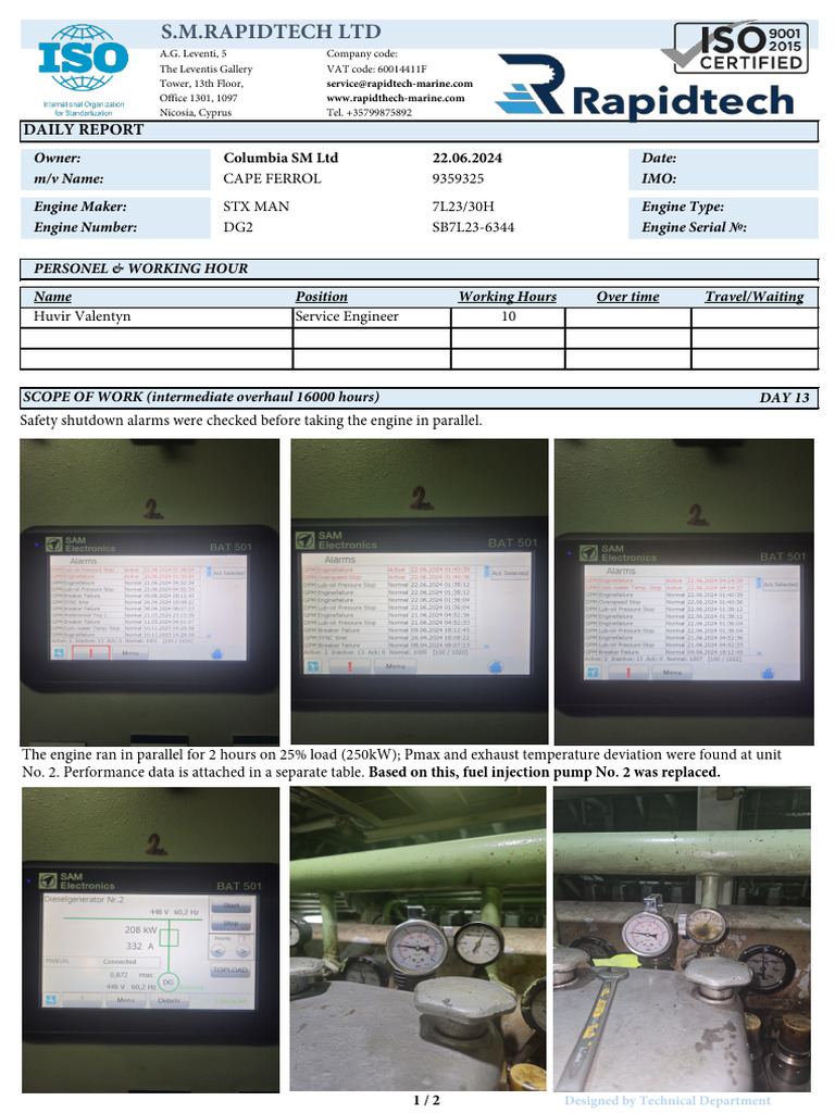 MV Cape Ferrol DG2 Overhaul Daily Work Report 22.06.2024 | PDF ...