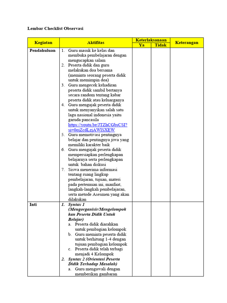 Lembar Checklist Observasi | PDF