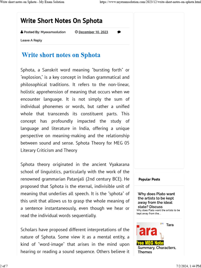 Write Short Notes On Sphota | PDF | Linguistics | Human Communication