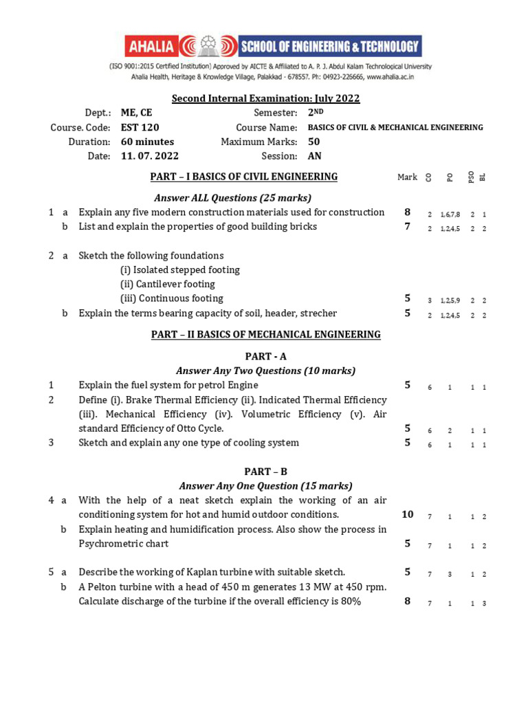 Est 120 Bme Series Test 2 QP | PDF | Physical Quantities | Energy ...