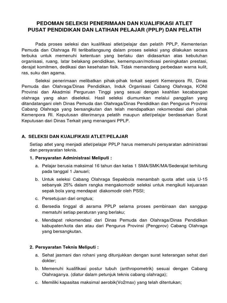Pedoman Seleksi Penerimaan Dan Kualifikasi Atlet PPLP NTB Dan Pelatih | PDF | Olahraga & Rekreasi