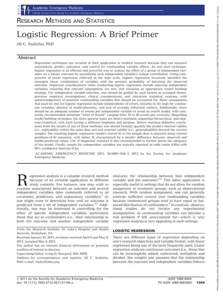 Logistic Regression A Brief Primer Pdf Logistic Regression Regression Analysis