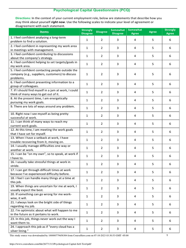 Psychological Capital Questionnaire (PCQ-24) | PDF | Psychology ...