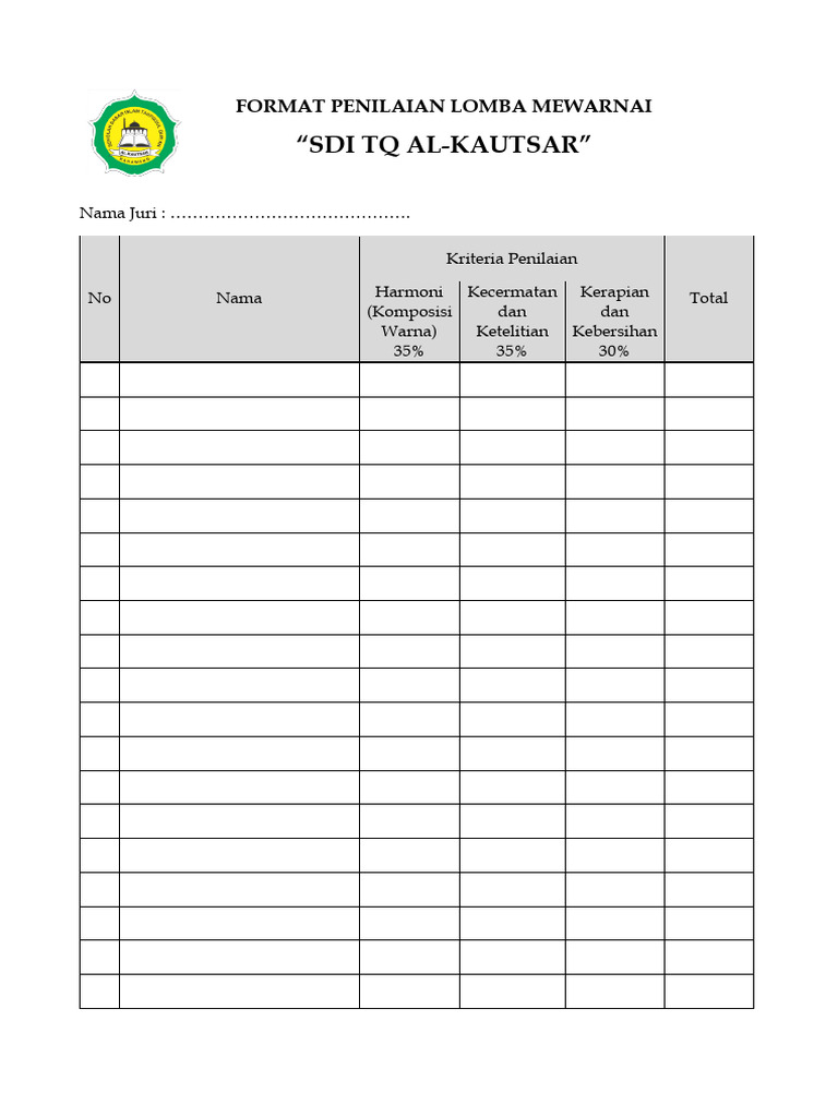 FORMAT PENILAIAN LOMBA MENGGAMBAR DAN MEWARNAI | PDF
