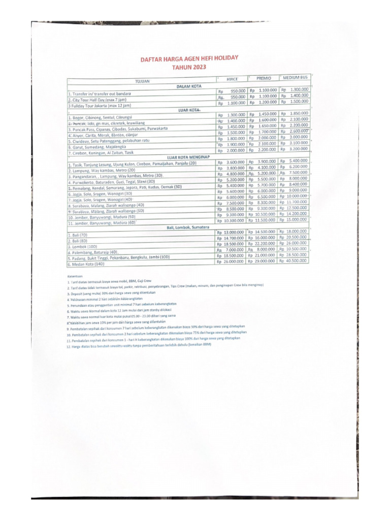 Daftar Harga Agen Hefi Holiday | PDF