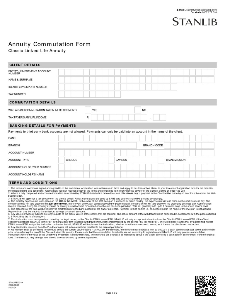 Annuity Commutation Form - FF | PDF | Payments | Investment Management