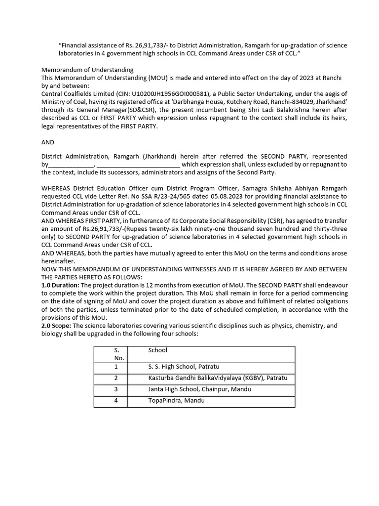 CCL Funds Science Lab Upgrade in Ramgarh | PDF | Indemnity | Private Law