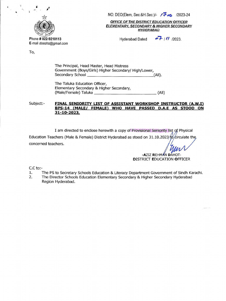 Letter For Circulation of Final Seniority Lists of Teaching and Non ...