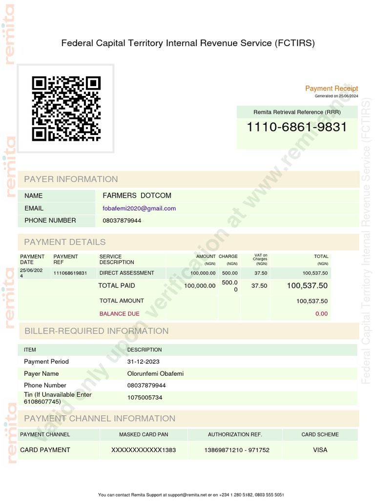 FCTIRS Payment Receipt for Farmers Dotcom | PDF | Payments | Money