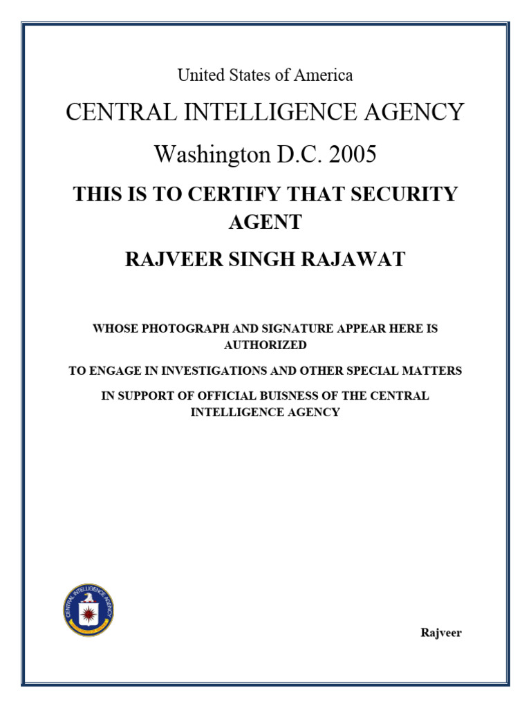 CIA Authorization Certificate for Agent | PDF
