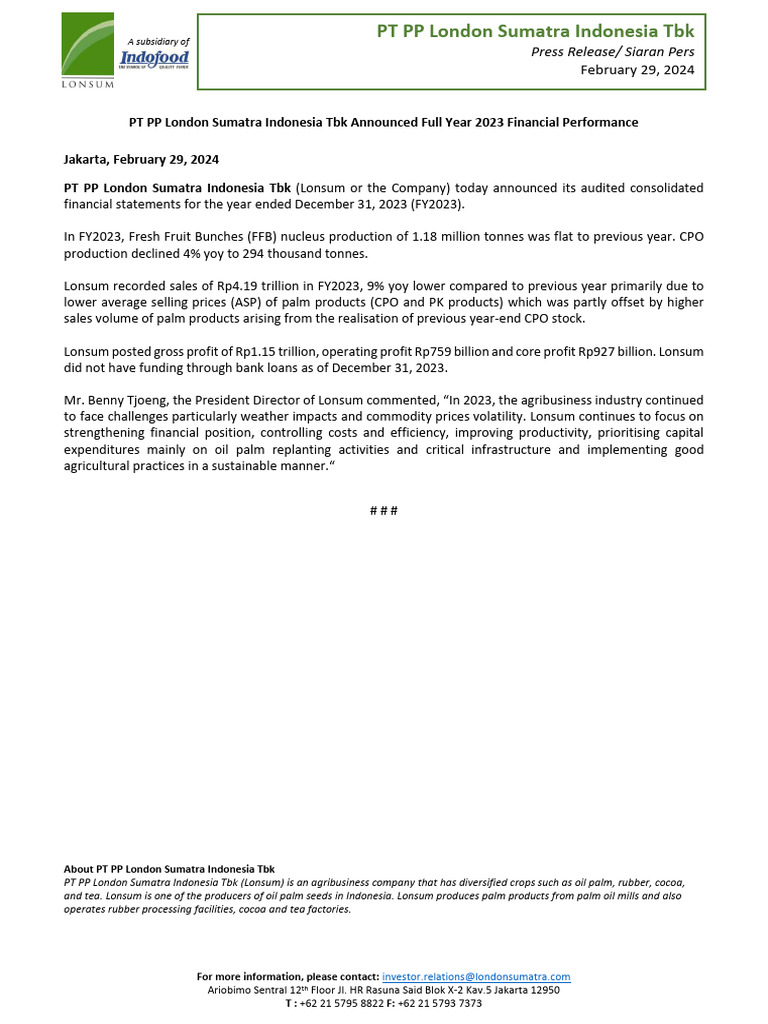 Lonsum Press Release FY2023 Bilingual | PDF | Bisnis