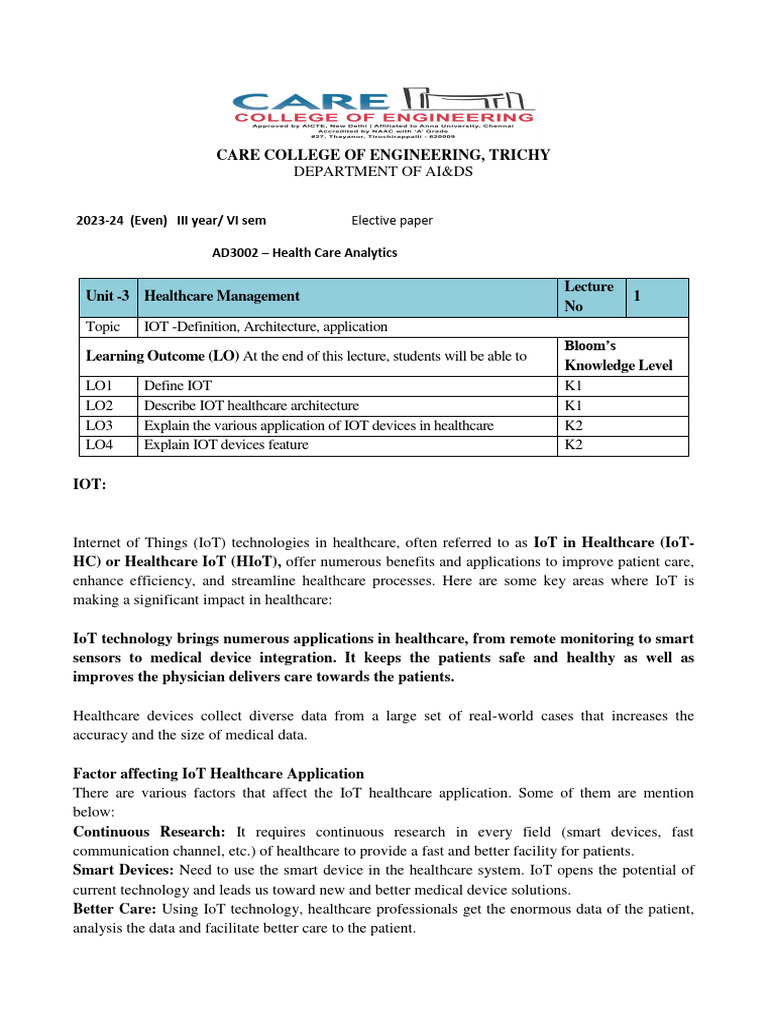 AD3002 Healthcare Unit 3 New | PDF | Internet Of Things | Encryption