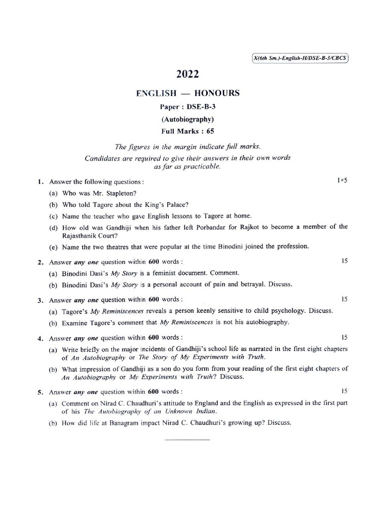 CU-2022 B.A. (Honours) English Semester-6 Paper-DSE-B-3 QP | PDF ...