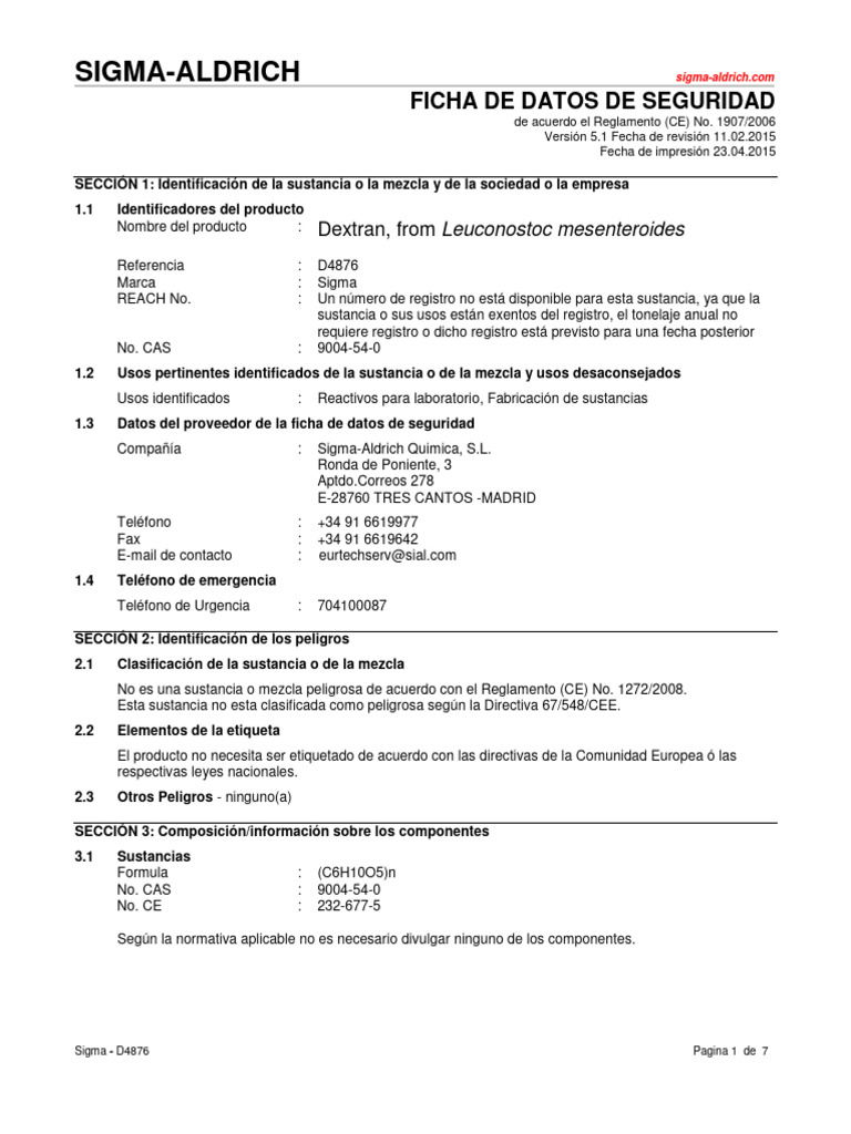 4.dextrano From Leuconostoc Mesenteroides - D4876 - Sigma | PDF | Agua ...