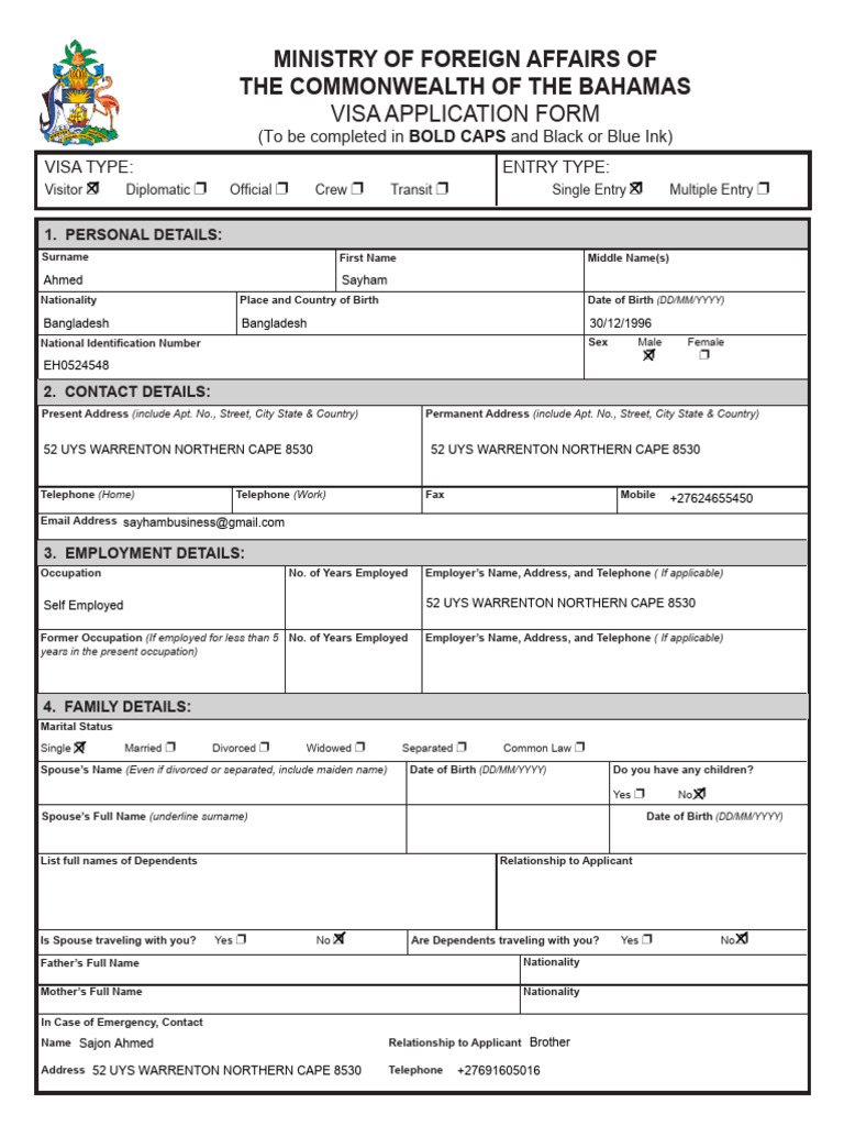 Foreign Bahamas Visa | PDF | Travel Visa | Government And Personhood