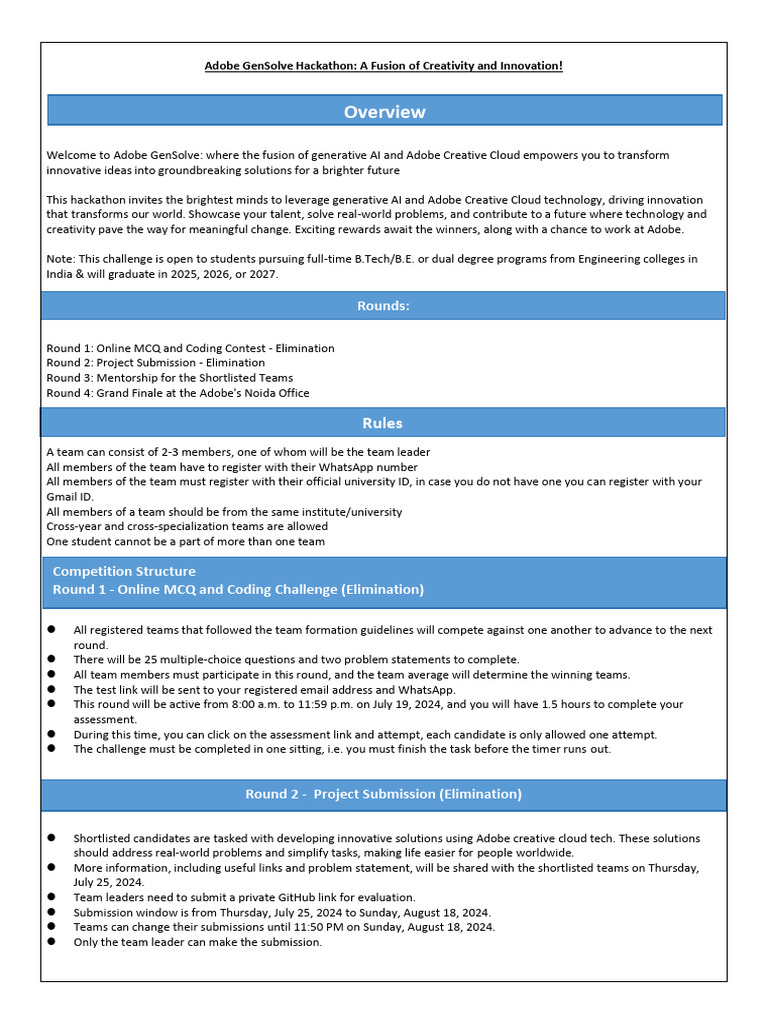 Adobe GenSolve Hackathon Registration Guideline | PDF | Mentorship ...