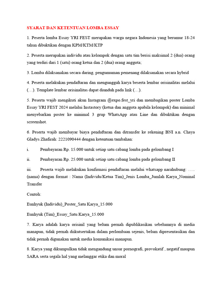 Syarat Lomba Essay YRI FEST 2024 | PDF