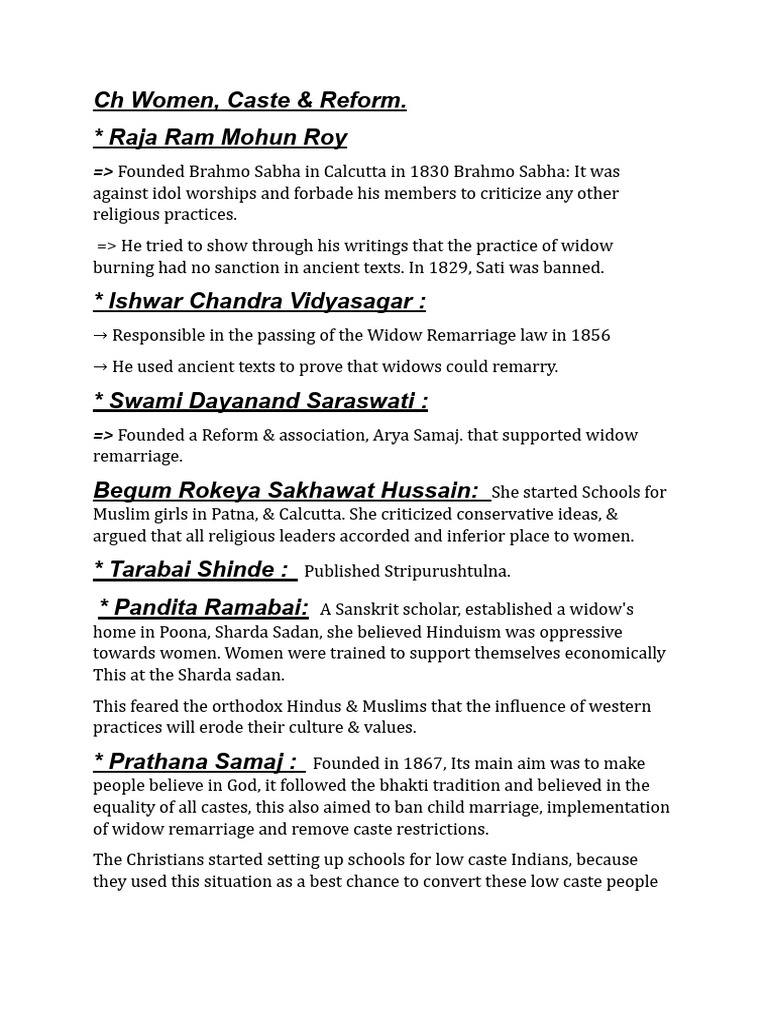 CH Women, Caste and Reform, NOTES BY YUSRA | PDF | Caste | Indian Religions