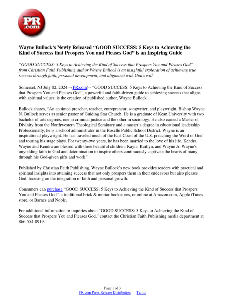 Wayne Bullock's Newly Released "GOOD SUCCESS: 5 Keys To Achieving The ...