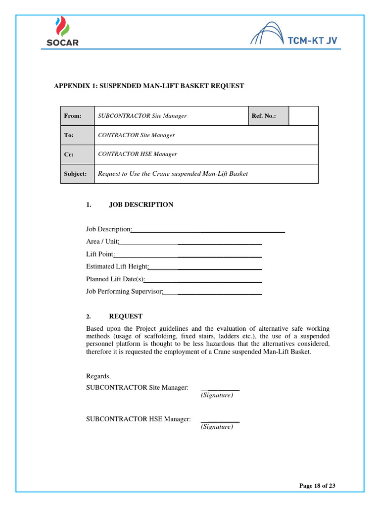 Manbasket Procedure | PDF | Crane (Machine) | Elevator