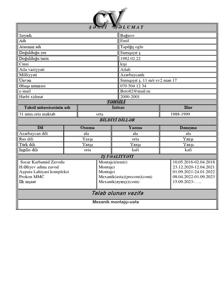 Emil Bağırov CV | PDF