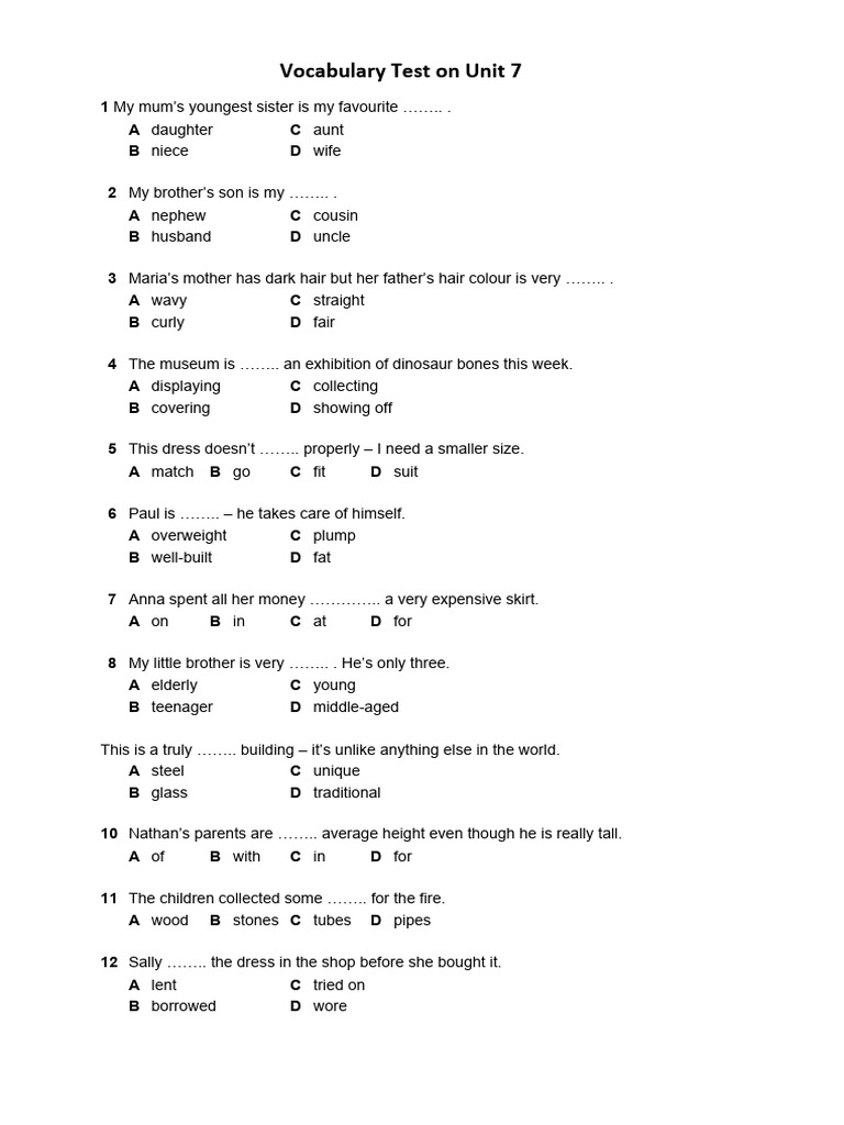 Vocabulary Test: Unit 7 Quiz | PDF
