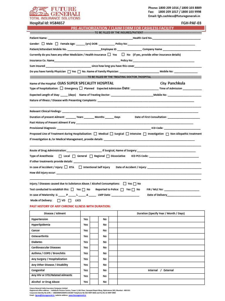 FGH Preauthorization Form. | PDF | Hospital | Insurance