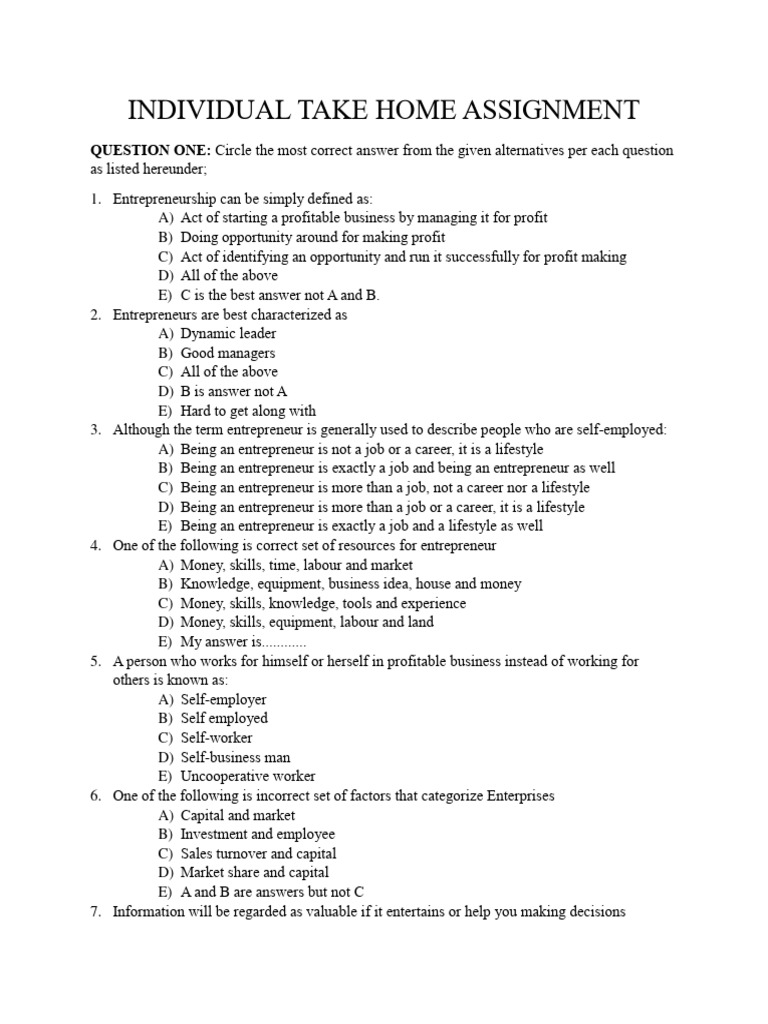 Individual Take Home Assignment | PDF | Entrepreneurship | Marketing