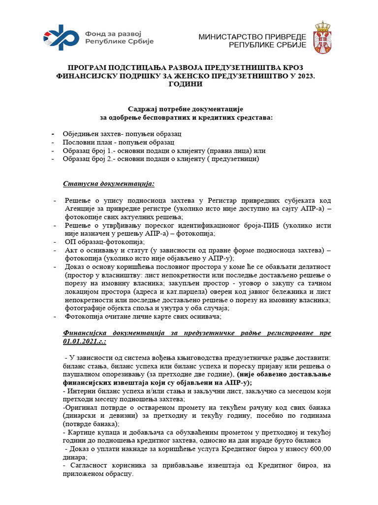 SADRZAJ POTREBNE DOKUMENTACIJE Zene 2023 2 | PDF