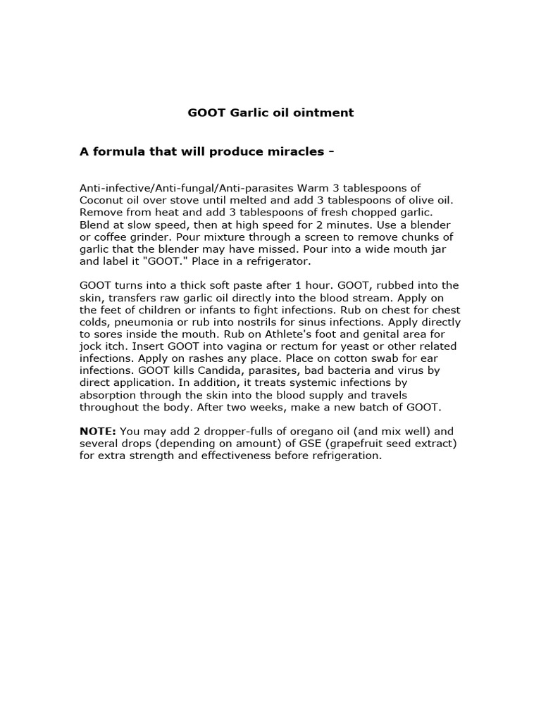 GOOT Garlic Oil Ointment Recipe | PDF