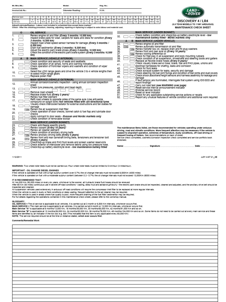 Land - Rover - Discovery - 4 - L319 - Maintenance - Check Sheet - 3.0 ...