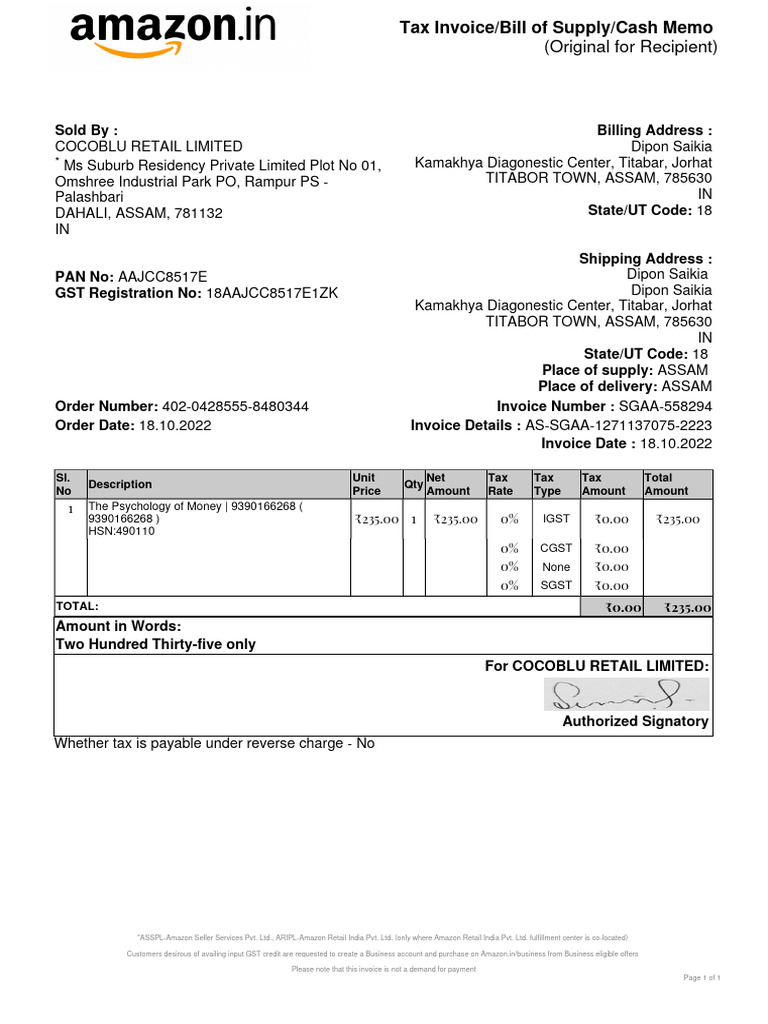 Invoice Psychology of Money | PDF | Invoice | Taxation