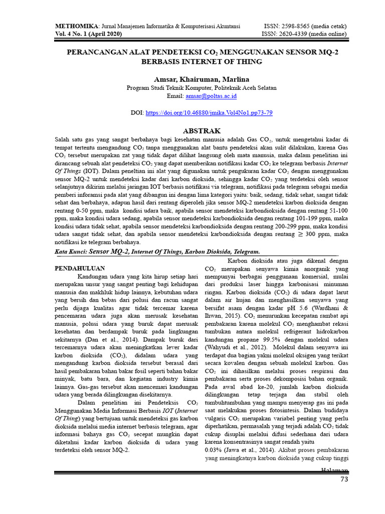 Artikel 13 73 79 Perancangan Alat Pendeteksi Co2 Menggunakan Sensor MQ 2 Berbasis Internet of ...
