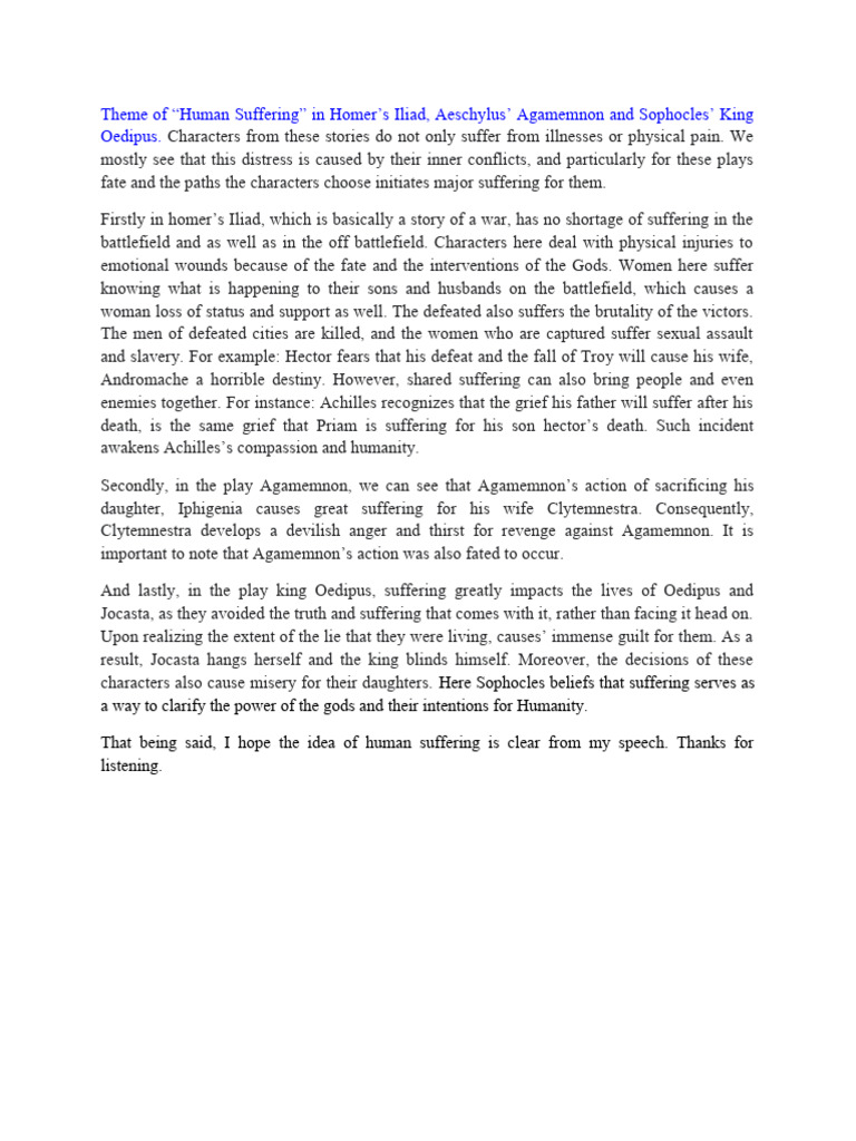 Human Suffering in Iliad, Agamemnon & Oedipus | PDF | Classics