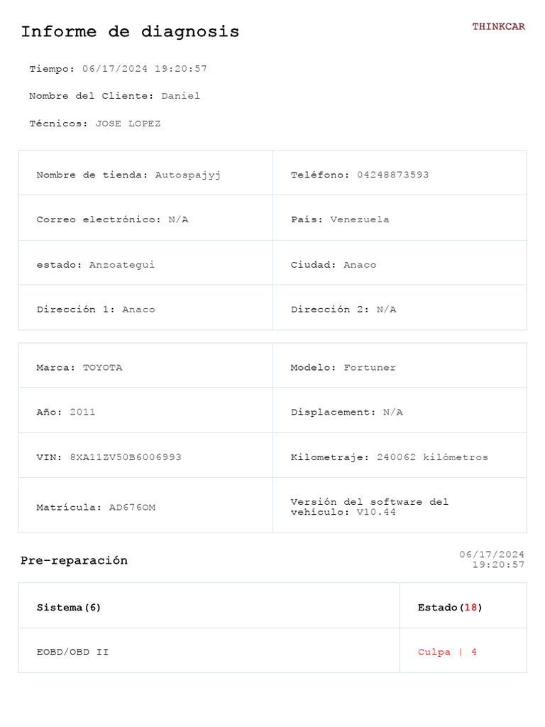 TOYOTA - Pre-Reparación - 8XA11ZV50B6006993 - Informe de Diagnóstico de ...