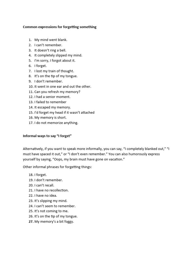 Common Expressions For Forgetting Something | PDF | Cognitive Science ...