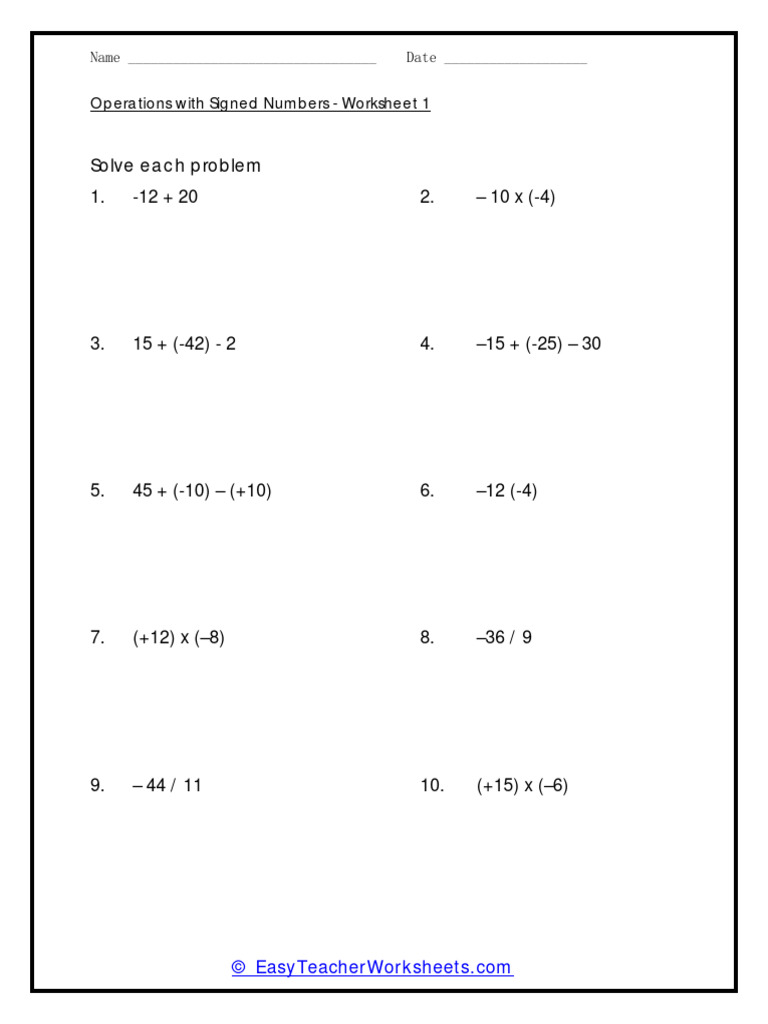 Operations with Signed Numbers Worksheet | PDF | Teaching Methods ...