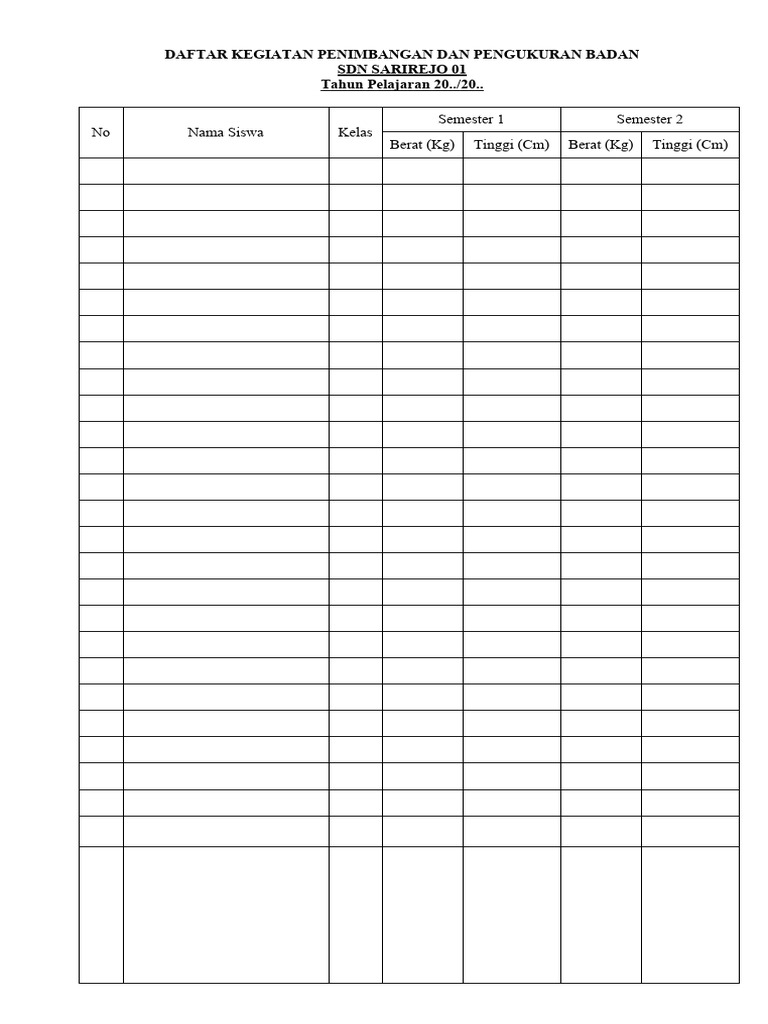 Format Daftar Penimbangan Dan Pengukuran Badan Siswa - UKS | PDF