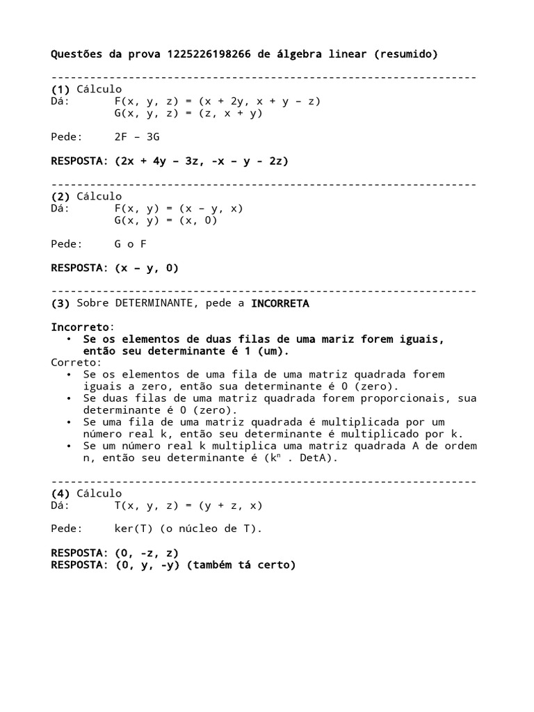 Prova Algebra 1225226198266 | Download grátis PDF | Determinante | Matriz (Matemática)