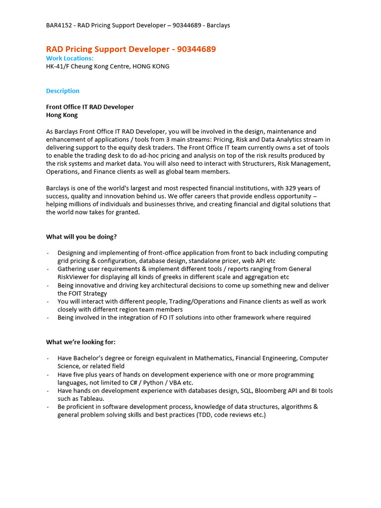 BAR4152 - RAD Pricing Support Developer - 90344689 - Barclays | PDF | Trading Room | Software ...
