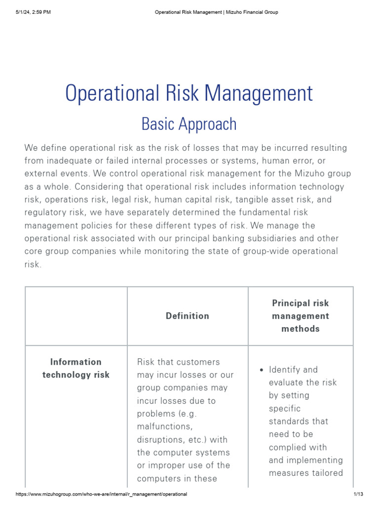 Operational Risk Management - Mizuho Financial Group | PDF ...