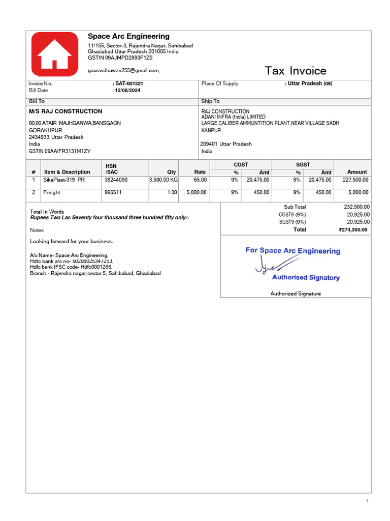 Raj Construction Kanpur Invoice-1 | PDF | Trade | Taxes