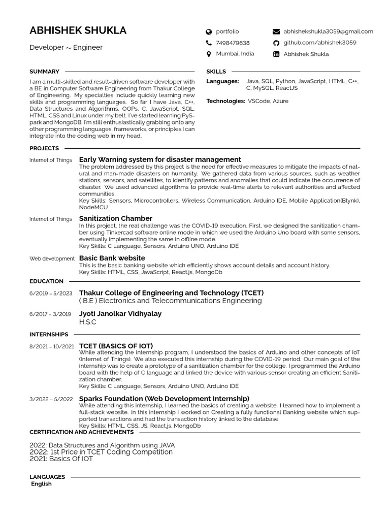 Abhishek Shukla Resume | PDF | Internet Of Things | Arduino Abhishek Shukla Resume | PDF | Internet Of Things | Arduino
