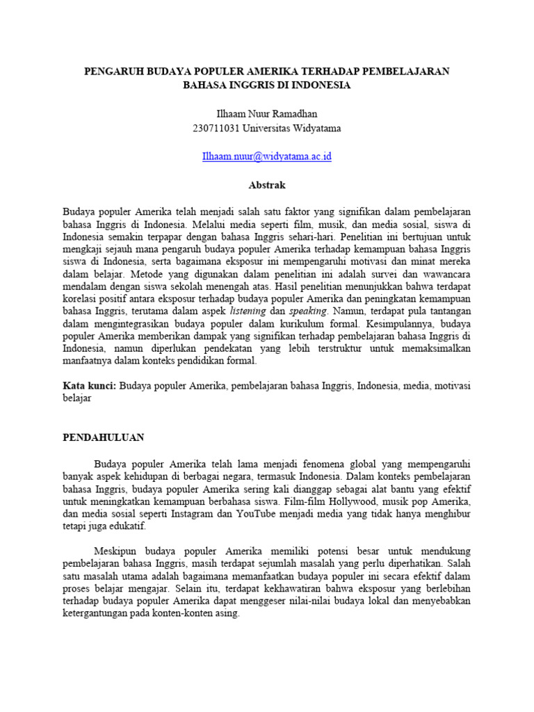 Artikel Karya Pengaruh Budaya Populer Amerika Terhadap Pembelajaran Bahasa Inggris Di Indonesia ...